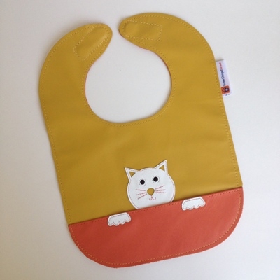Custom Cat Bib on Mustard with Tangerine Pocket | MallyDesigns.com